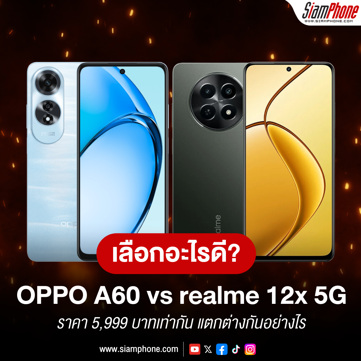 เลือกอะไรดี! OPPO A60 vs realme 12x 5G ราคา 5,999 บาทเท่ากัน แตกต่างกัน ...
